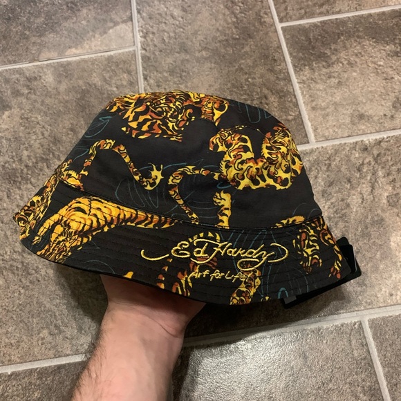 Ed Hardy | Accessories | Ed Hardy Tiger Black Gold Reversible Bucket ...